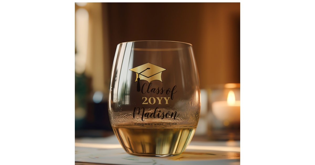 Graduation Cap - Tassel Black Gold Class of 2025 Stemless Wine Glass ...