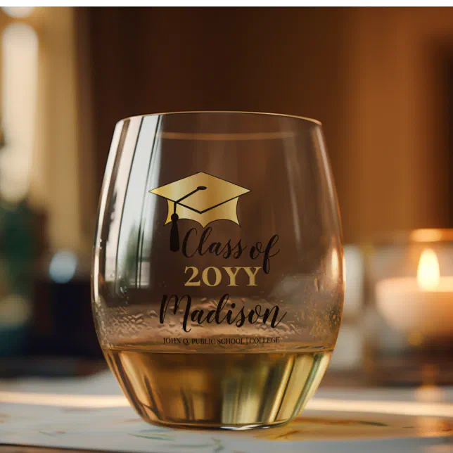 Graduation Cap - Tassel Black Gold Class of 2025 Stemless Wine Glass ...