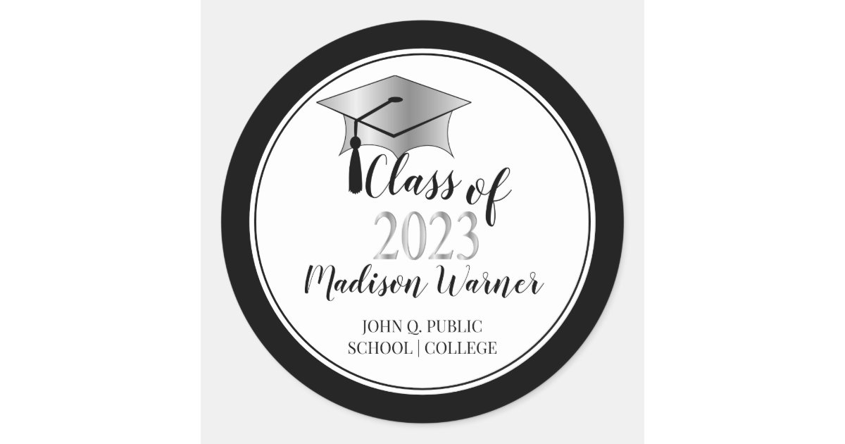 Graduation Cap -Tassel Black Silver Class of 2023 Classic Round Sticker ...