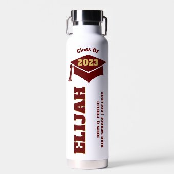 Graduation Cap - Tassel Dk Red Gold Class of 2023 Water Bottle | Zazzle