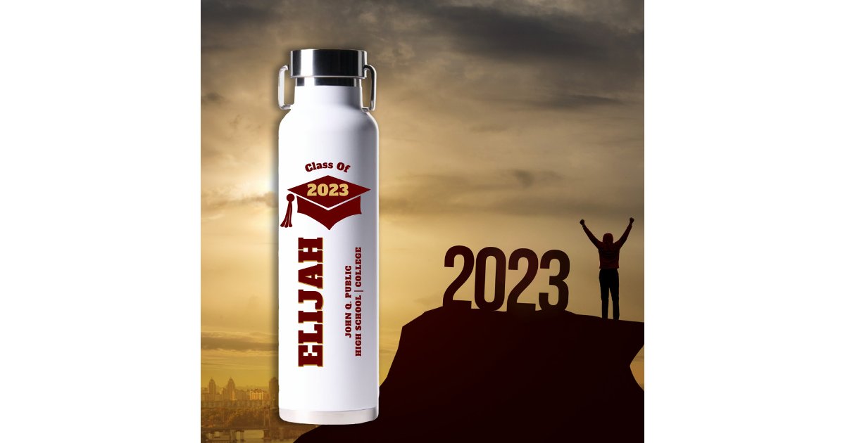 Graduation Cap - Tassel Dk Red Gold Class of 2023 Water Bottle | Zazzle