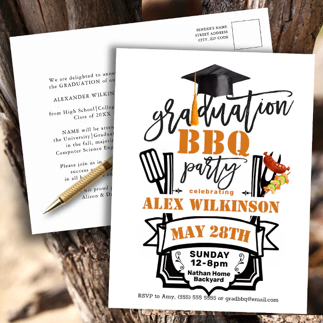 Graduation Cap Tassel Simple BBQ Party Invitation Postcard | Zazzle