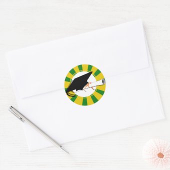 Graduation Cap Tilt w/Diploma - Gold & Green Classic Round Sticker | Zazzle