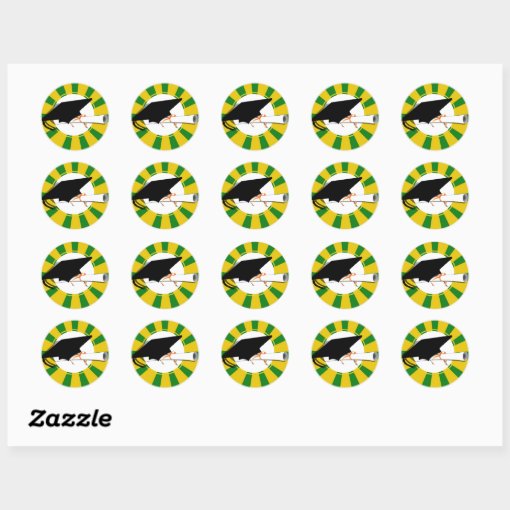 Graduation Cap Tilt w/Diploma - Gold & Green Classic Round Sticker | Zazzle