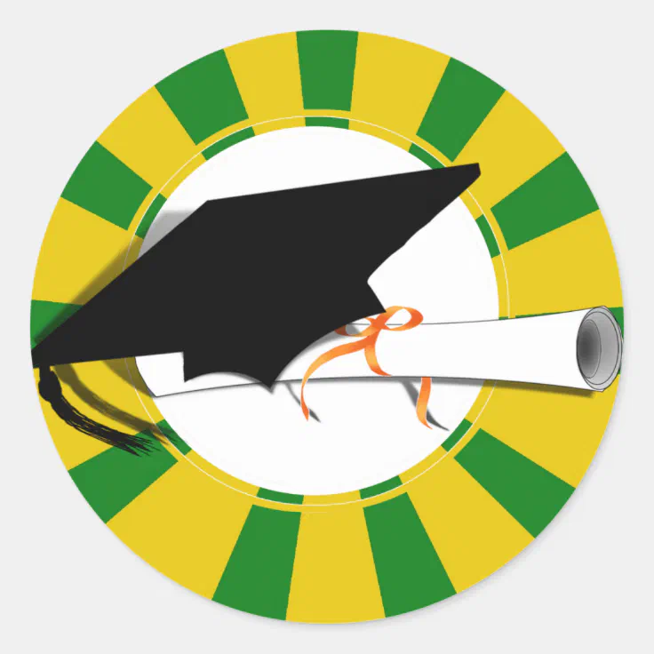 Graduation Cap Tilt w/Diploma - Gold & Green Classic Round Sticker | Zazzle