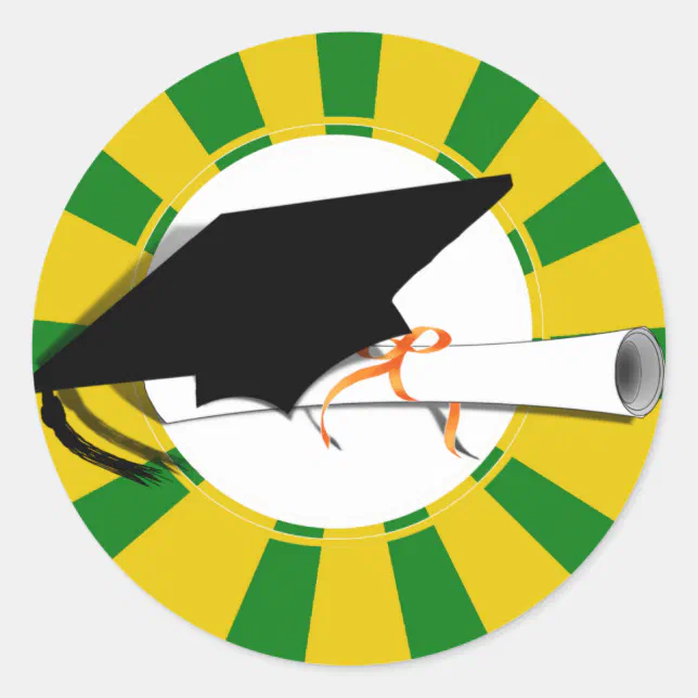 Graduation Cap Tilt w/Diploma - Gold & Green Classic Round Sticker | Zazzle