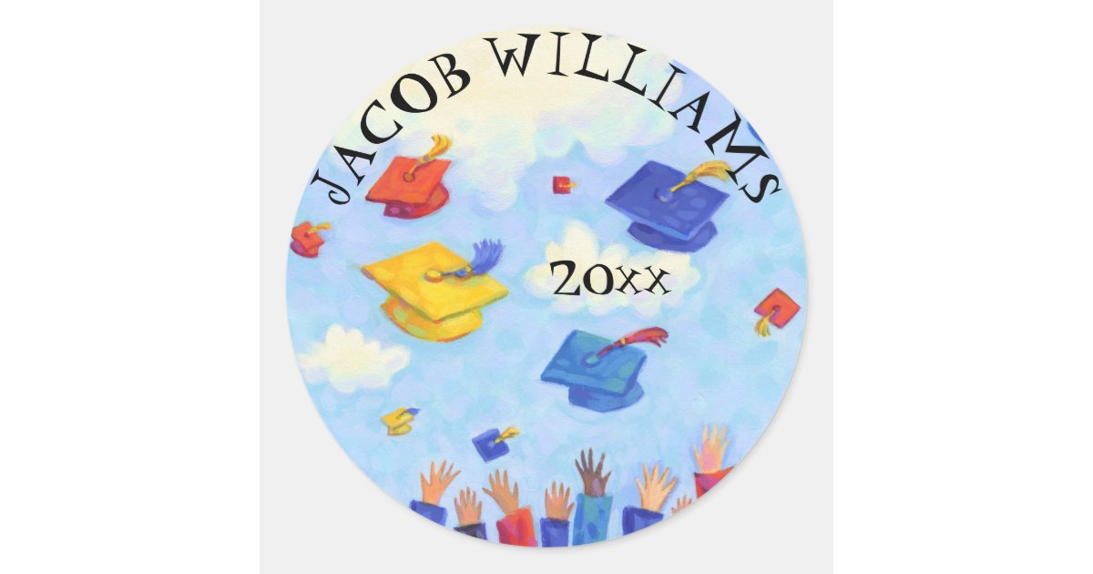 Graduation Cap Toss Add Name and Year Classic Round Sticker | Zazzle