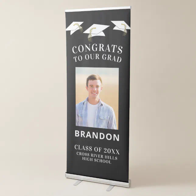 Graduation Cap Toss CONGRATS GRAD Photo Black Retractable Banner | Zazzle