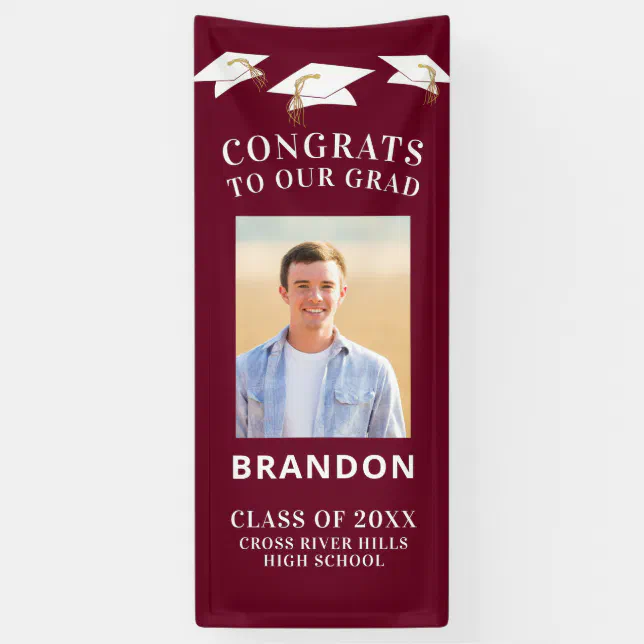 Graduation Cap Toss CONGRATS GRAD Photo Maroon Banner | Zazzle