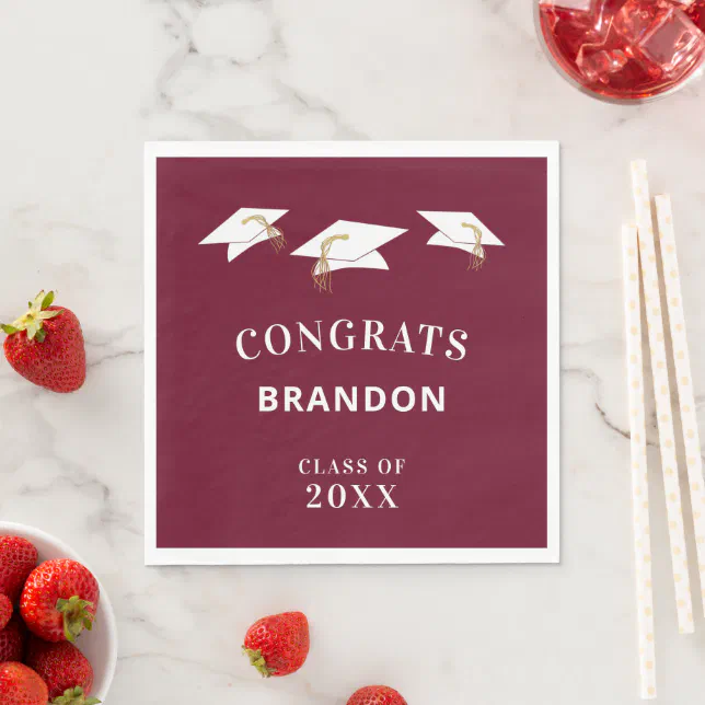 Graduation Cap Toss CONGRATS Name Maroon Napkins | Zazzle