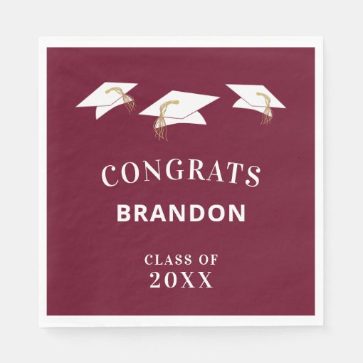 Graduation Cap Toss CONGRATS Name Maroon Napkins | Zazzle