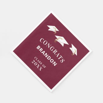 Graduation Cap Toss CONGRATS Name Maroon Napkins | Zazzle