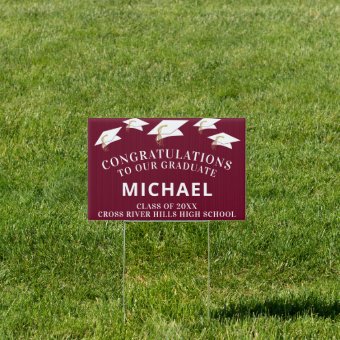 Graduation Cap Toss Congratulations Maroon Sign | Zazzle