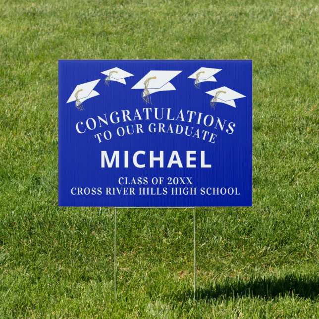 Graduation Cap Toss Congratulations Royal Blue Sign | Zazzle