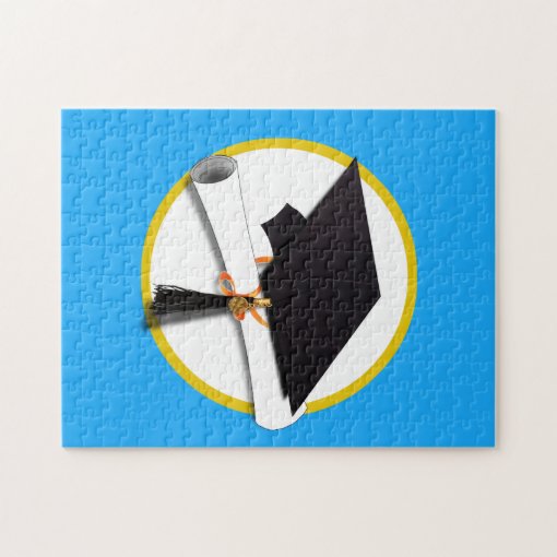 Graduation Cap w/Diploma - Blue Background Jigsaw Puzzle | Zazzle