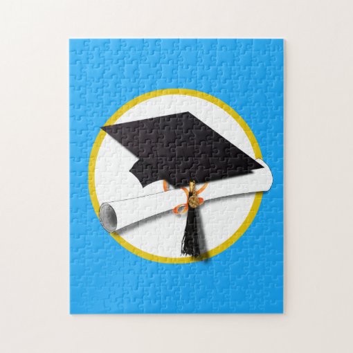 Graduation Cap w/Diploma - Blue Background Jigsaw Puzzle | Zazzle