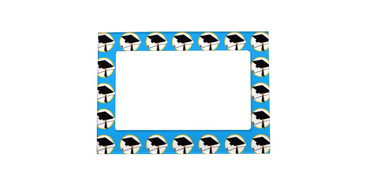 Graduation Cap w/Diploma - Blue Background Magnetic Picture Frame | Zazzle