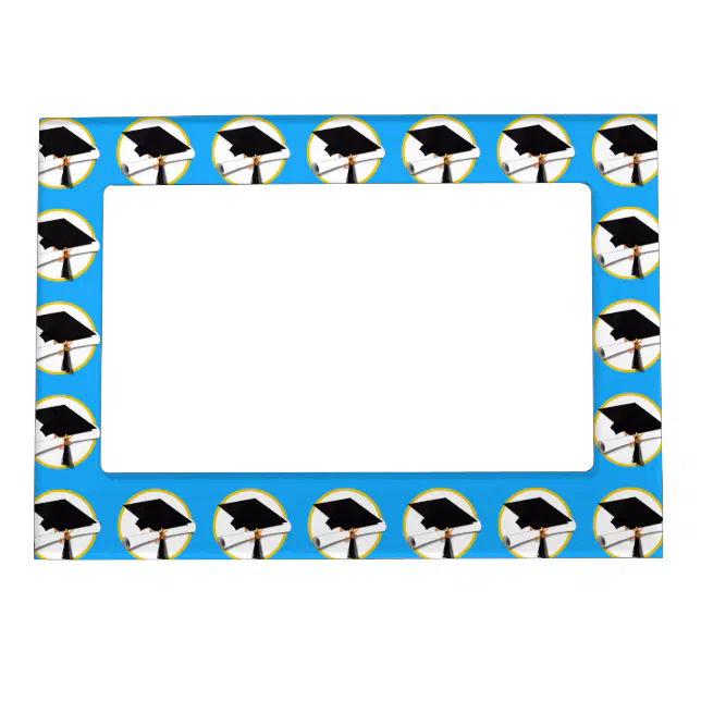 Graduation Cap w/Diploma - Blue Background Magnetic Picture Frame | Zazzle