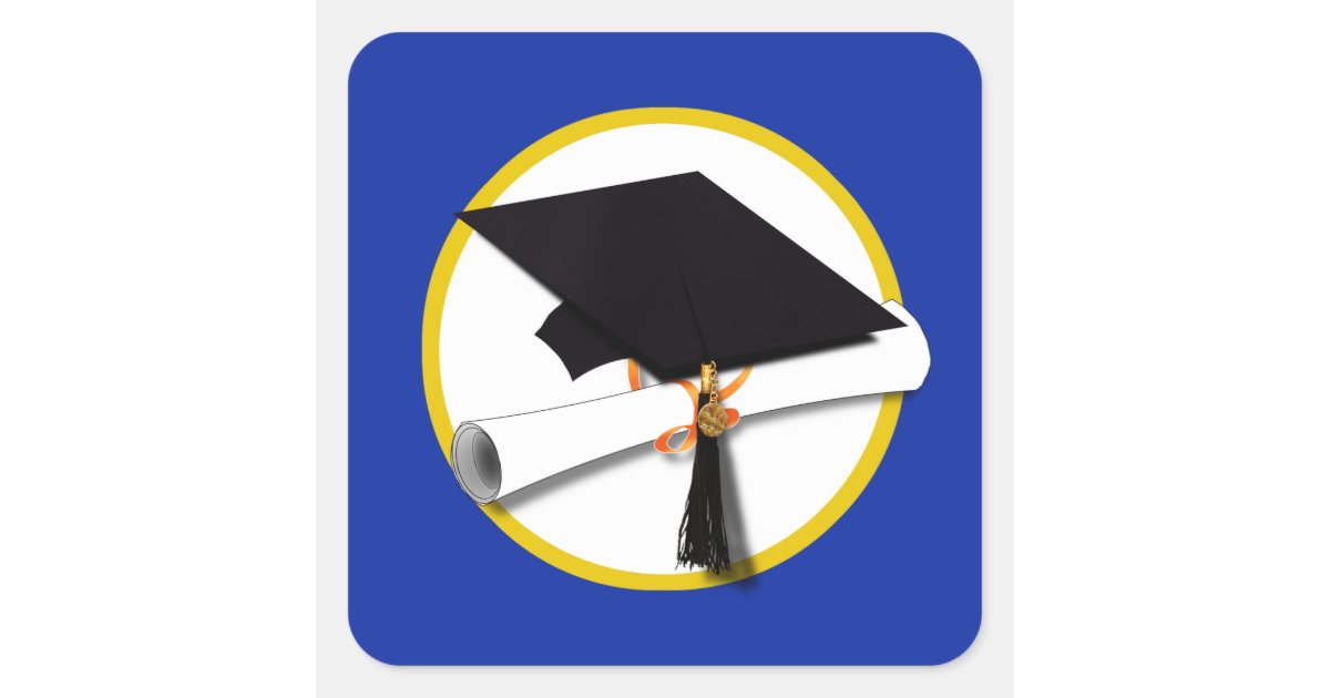 Graduation Cap w/Diploma - Blue Square Sticker | Zazzle