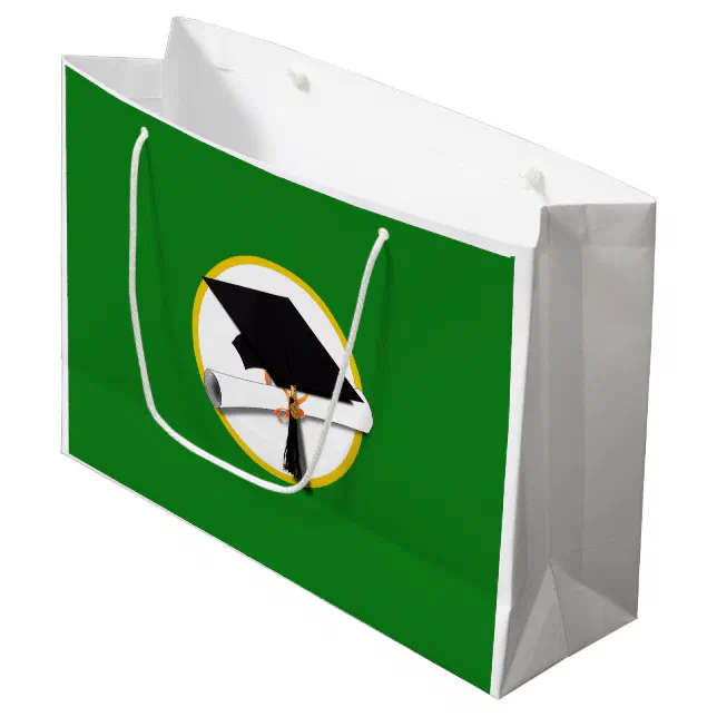 Graduation Cap w/Diploma - Green Background Large Gift Bag | Zazzle