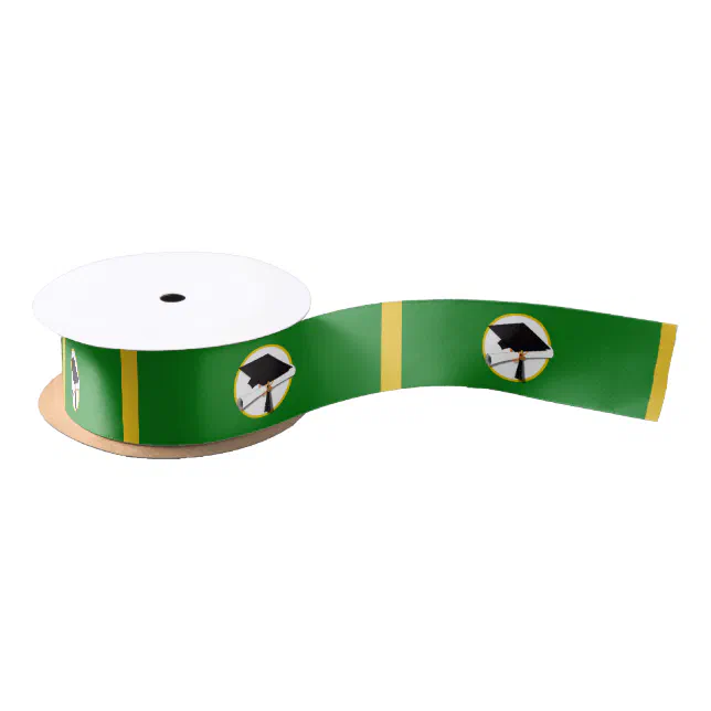 Graduation Cap w/Diploma - Green Background Satin Ribbon | Zazzle