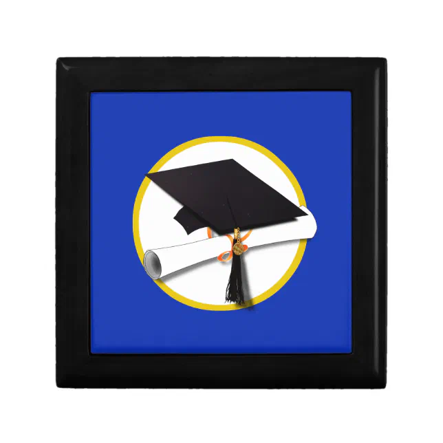 Graduation Cap w/Diploma on Blue Keepsake Box | Zazzle