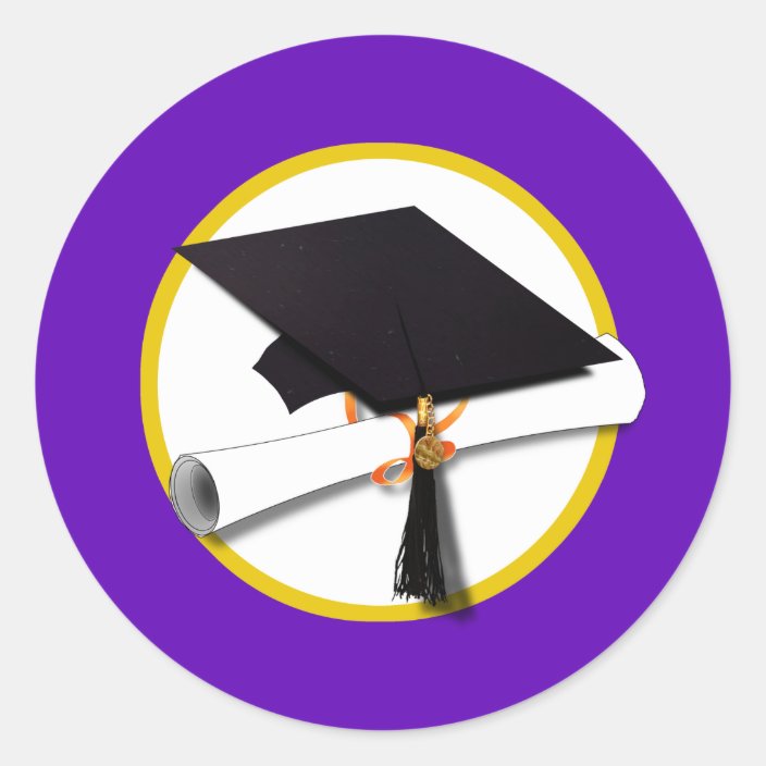 Graduation Cap w/Diploma - Purple Background Classic Round Sticker ...