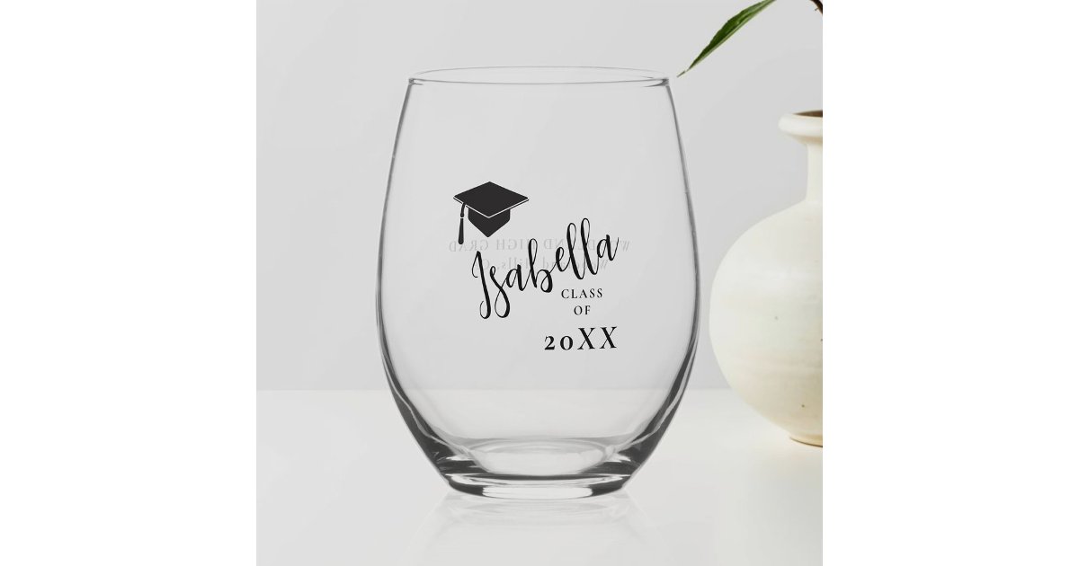 Graduation Cap Whimsical Calligraphy Personalized Stemless Wine Glass ...