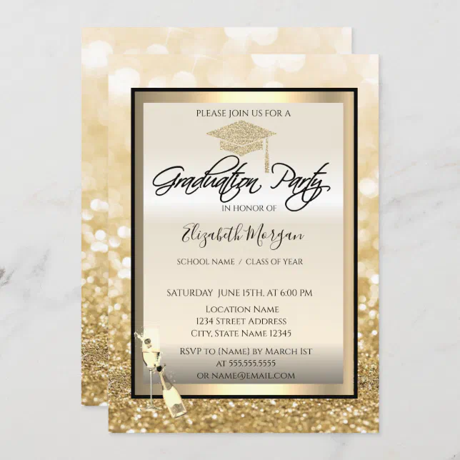 Graduation Cap,Wine Glass Gold Bokeh Graduation Invitation | Zazzle