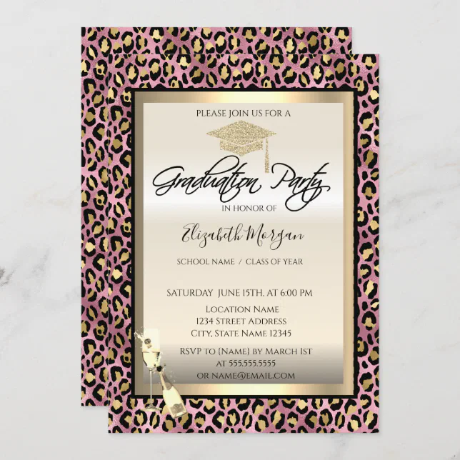 Graduation Cap,Wine Glass Leopard Print Graduation Invitation | Zazzle