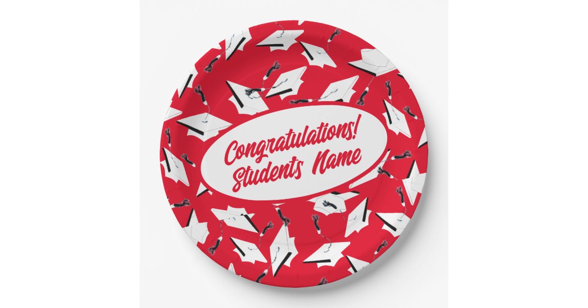 Graduation Caps Red and White Personalized Party Paper Plates | Zazzle