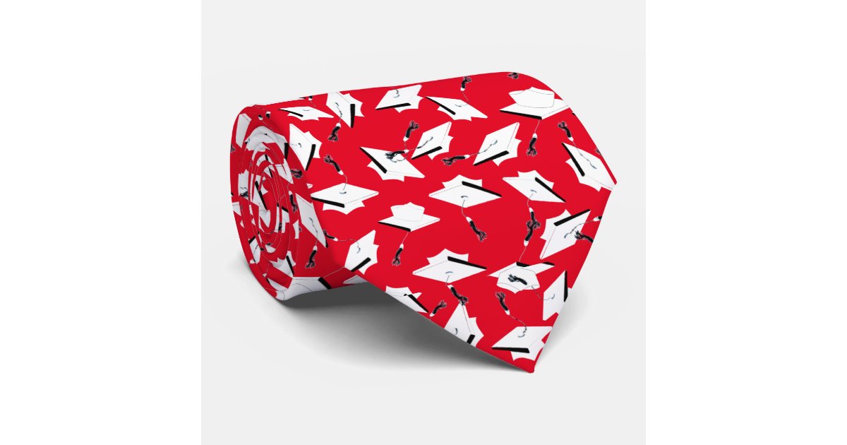 Graduation Caps Tossed Celebration White on Red Neck Tie | Zazzle