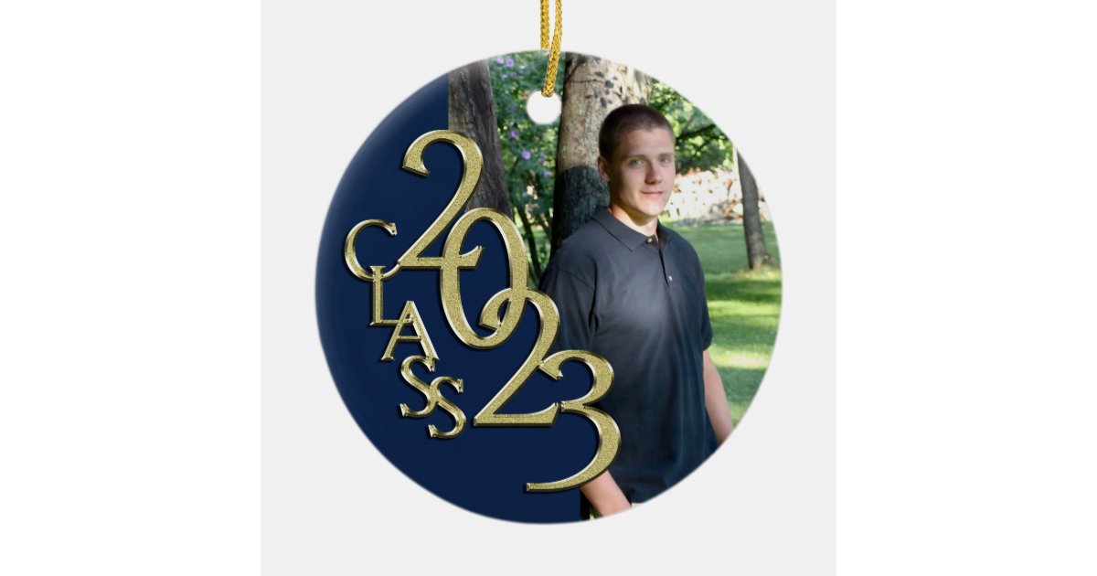 Graduation Class 2023 Photo Blue with Gold Ceramic Ornament | Zazzle