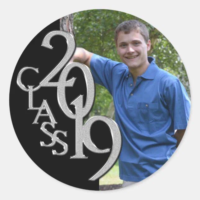 Graduation Class of 2019 Black and Silver Photo Classic Round Sticker ...