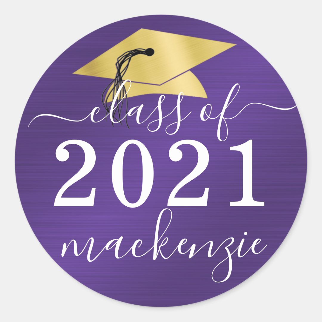 Graduation Class Of Metallic Script Purple Classic Round Sticker | Zazzle