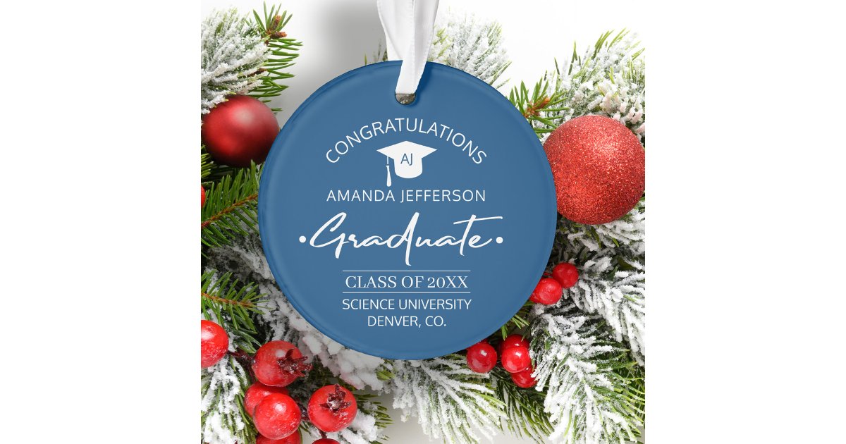 Graduation | Class year and school elegant blue Ornament | Zazzle