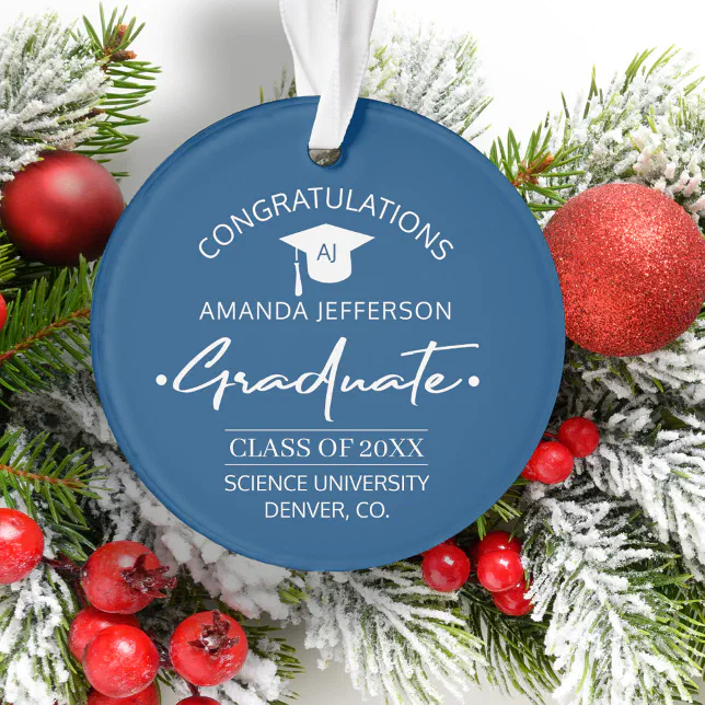 Graduation | Class year and school elegant blue Ornament | Zazzle