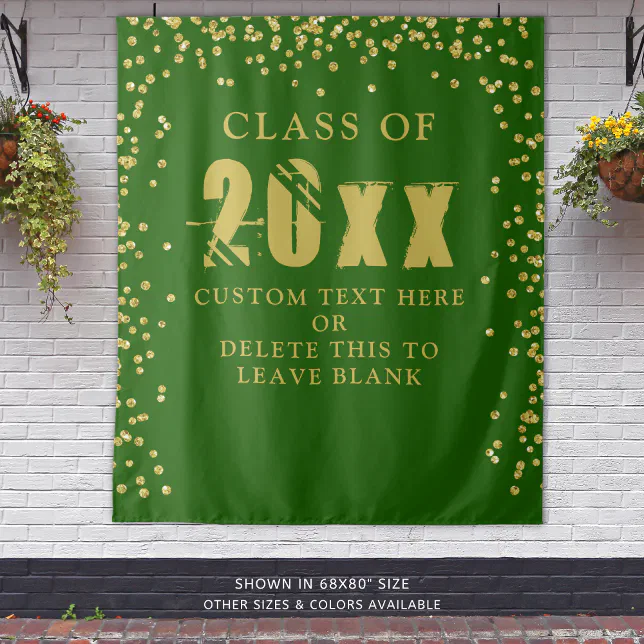 Graduation CLASS YEAR Green Gold Confetti Backdrop | Zazzle