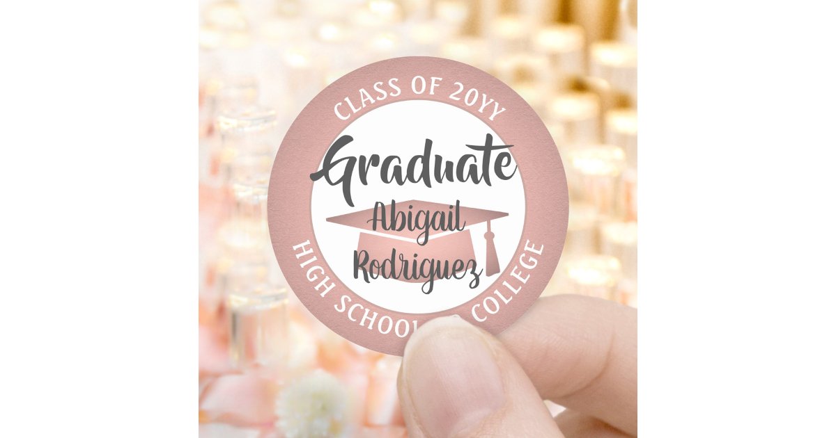 Graduation Class Year Pink Rose Gold Black Modern Classic Round Sticker ...