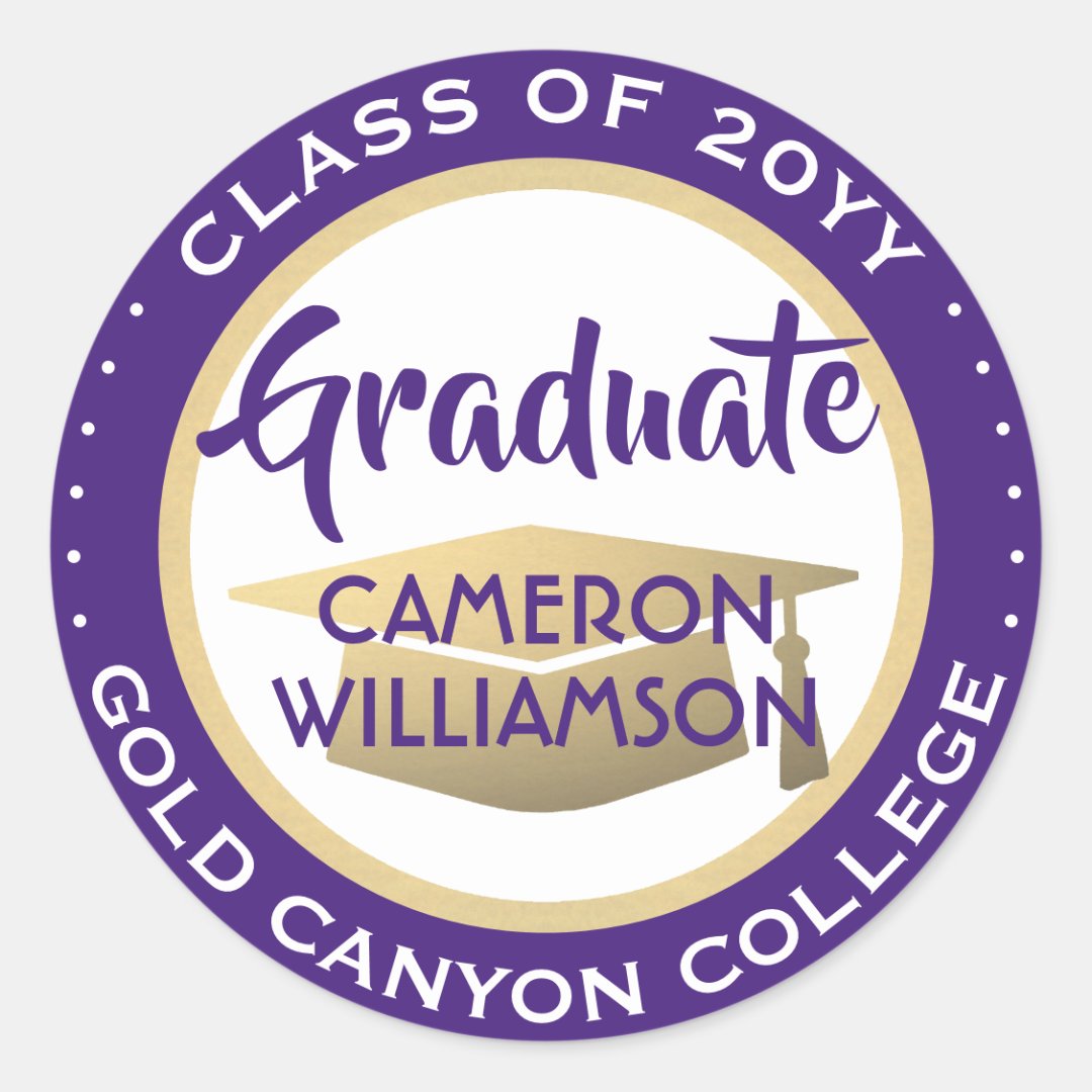 Graduation Class Year Purple Gold and White Modern Classic Round ...