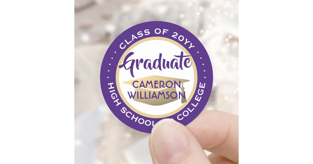 Graduation Class Year Purple Gold and White Modern Classic Round ...