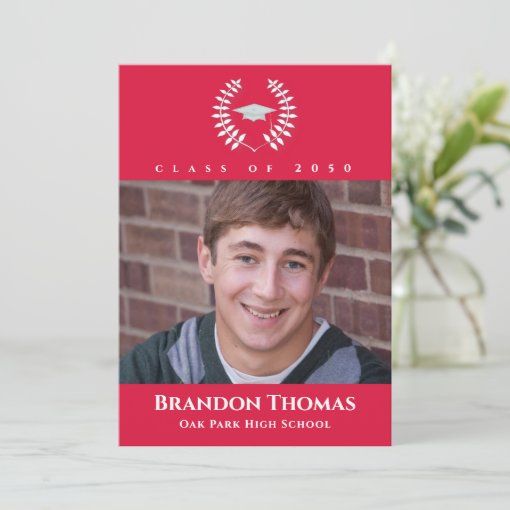 Graduation Classic Photo Crimson Red Laurel Leaves Invitation | Zazzle