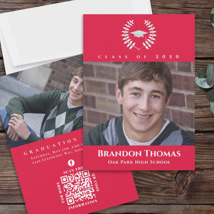 Graduation Classic Photo Crimson Red Laurel Leaves Invitation | Zazzle