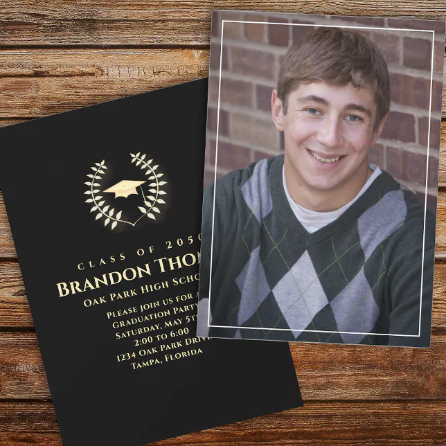 Graduation Classic Photo Laureate Laurel Gold Invitation | Zazzle