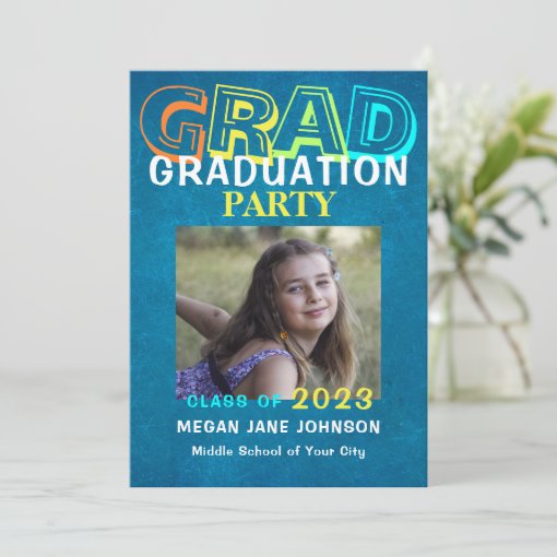 Graduation colorful middle school grad photo invitation | Zazzle