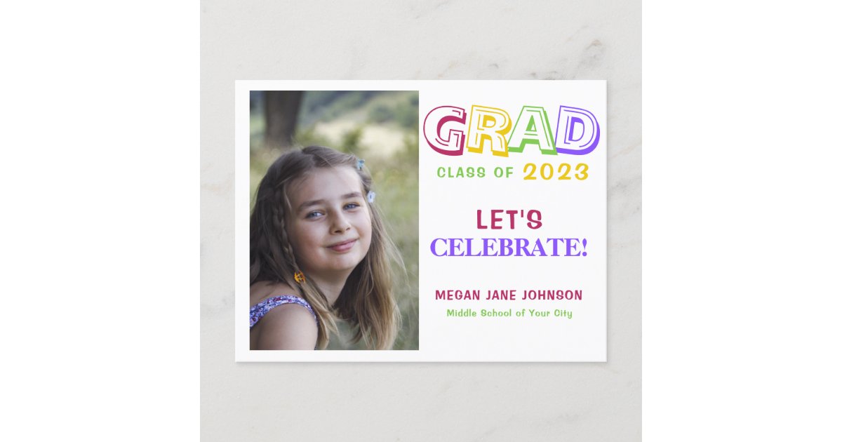 Graduation colorful middle school grad photo invitation postcard | Zazzle