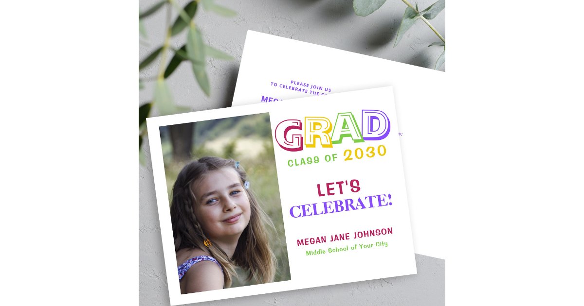 Graduation colorful middle school grad photo invitation postcard | Zazzle