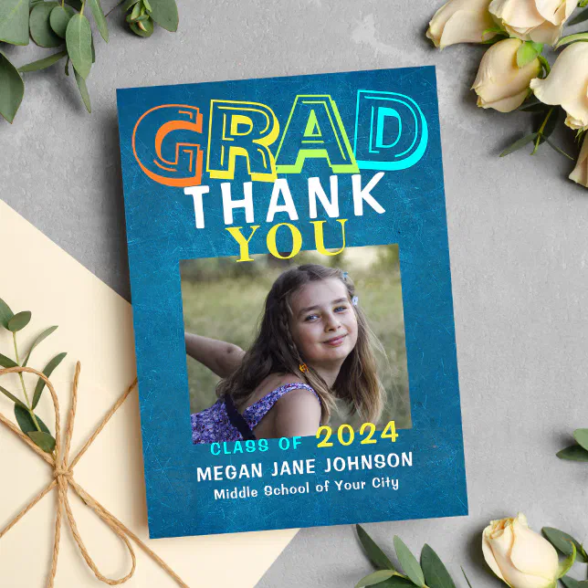 Graduation colorful middle school grad photo thank you card | Zazzle
