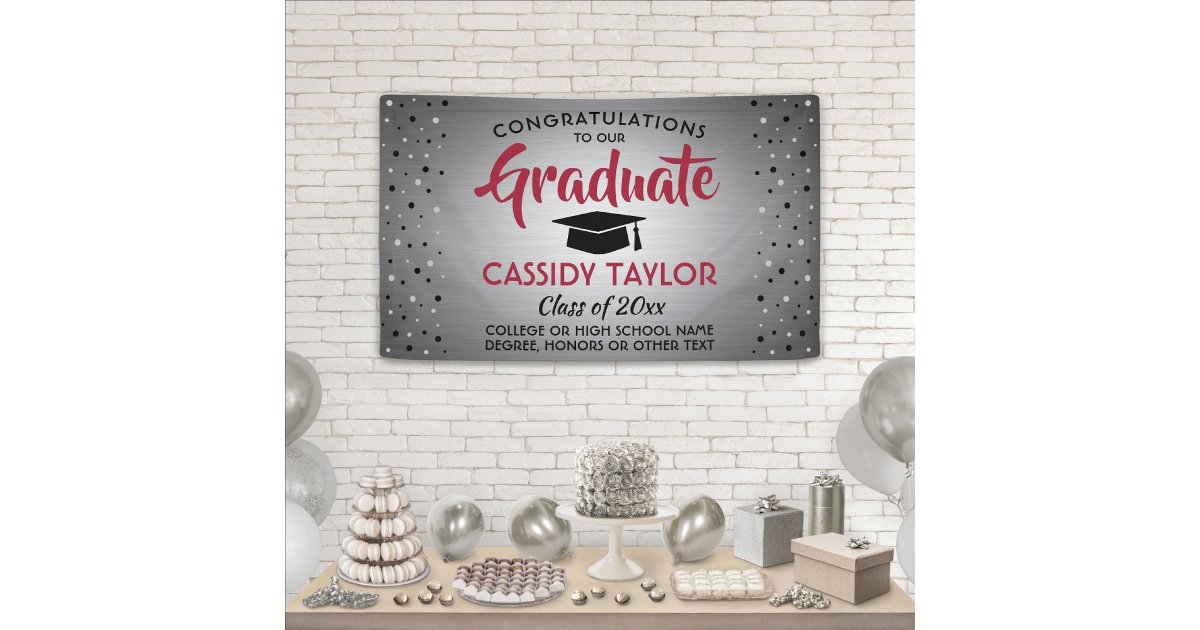 Graduation Confetti Brushed Stainless Red & Black Banner | Zazzle