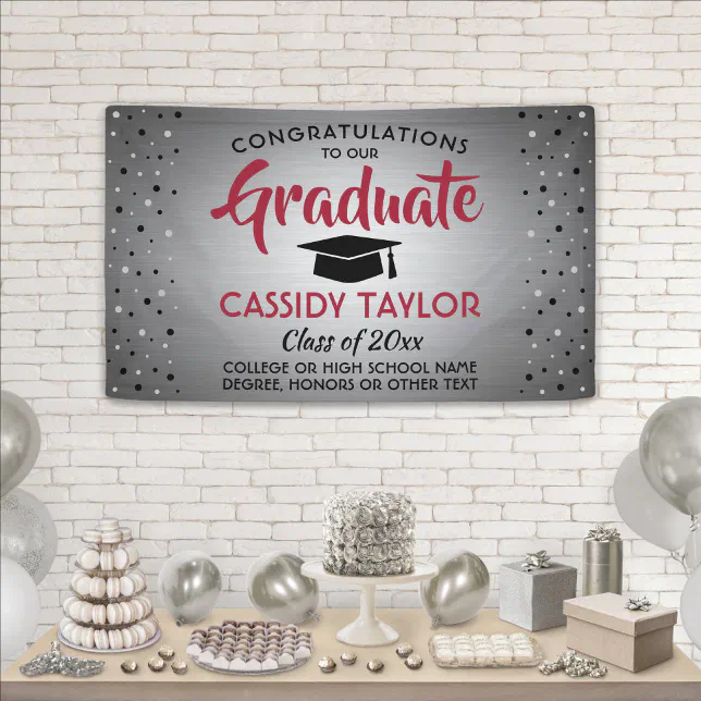 Graduation Confetti Brushed Stainless Red & Black Banner | Zazzle